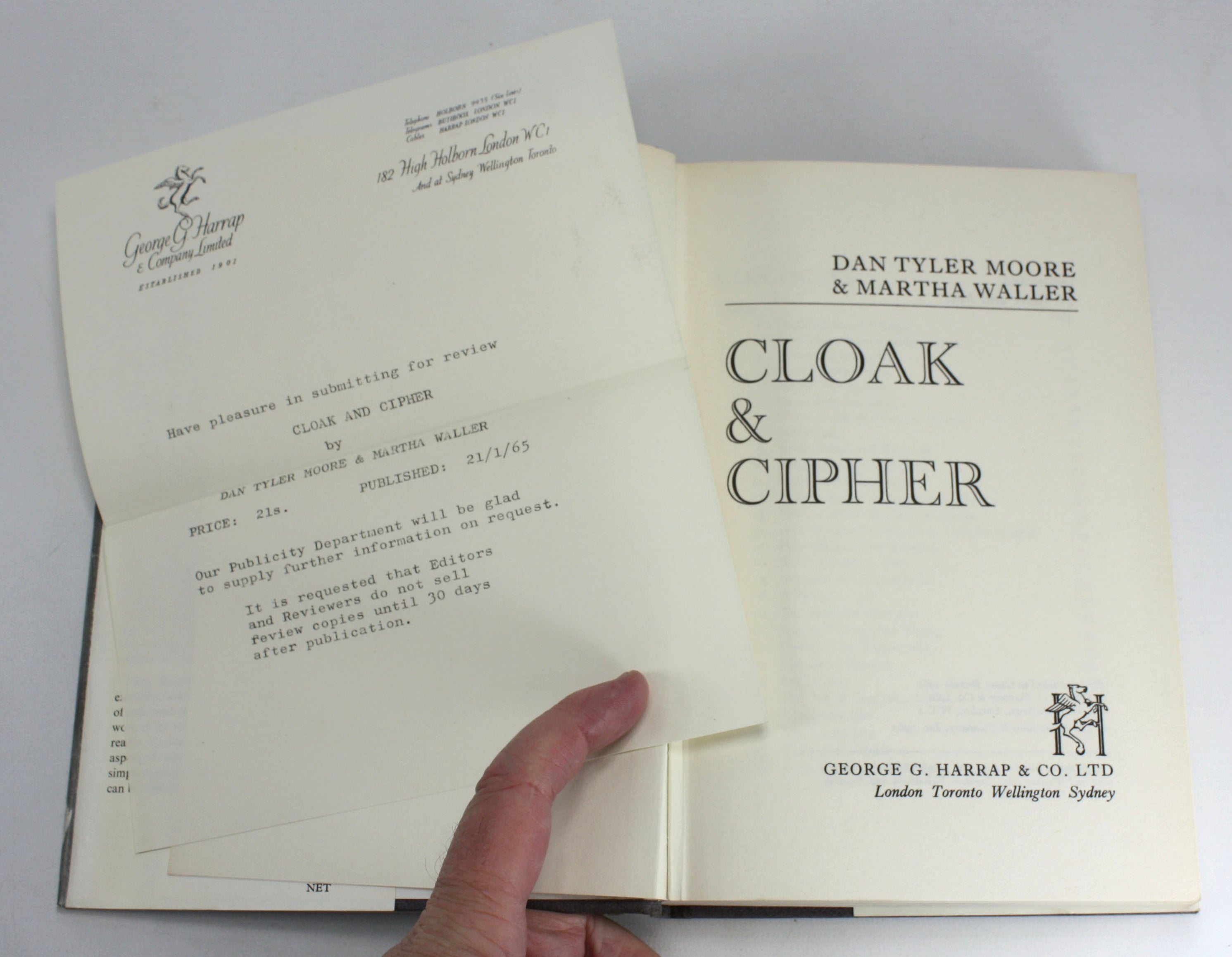 Cloak & Cipher, Dan Tyler Moore & Martha Waller, 1965, first edition r ...