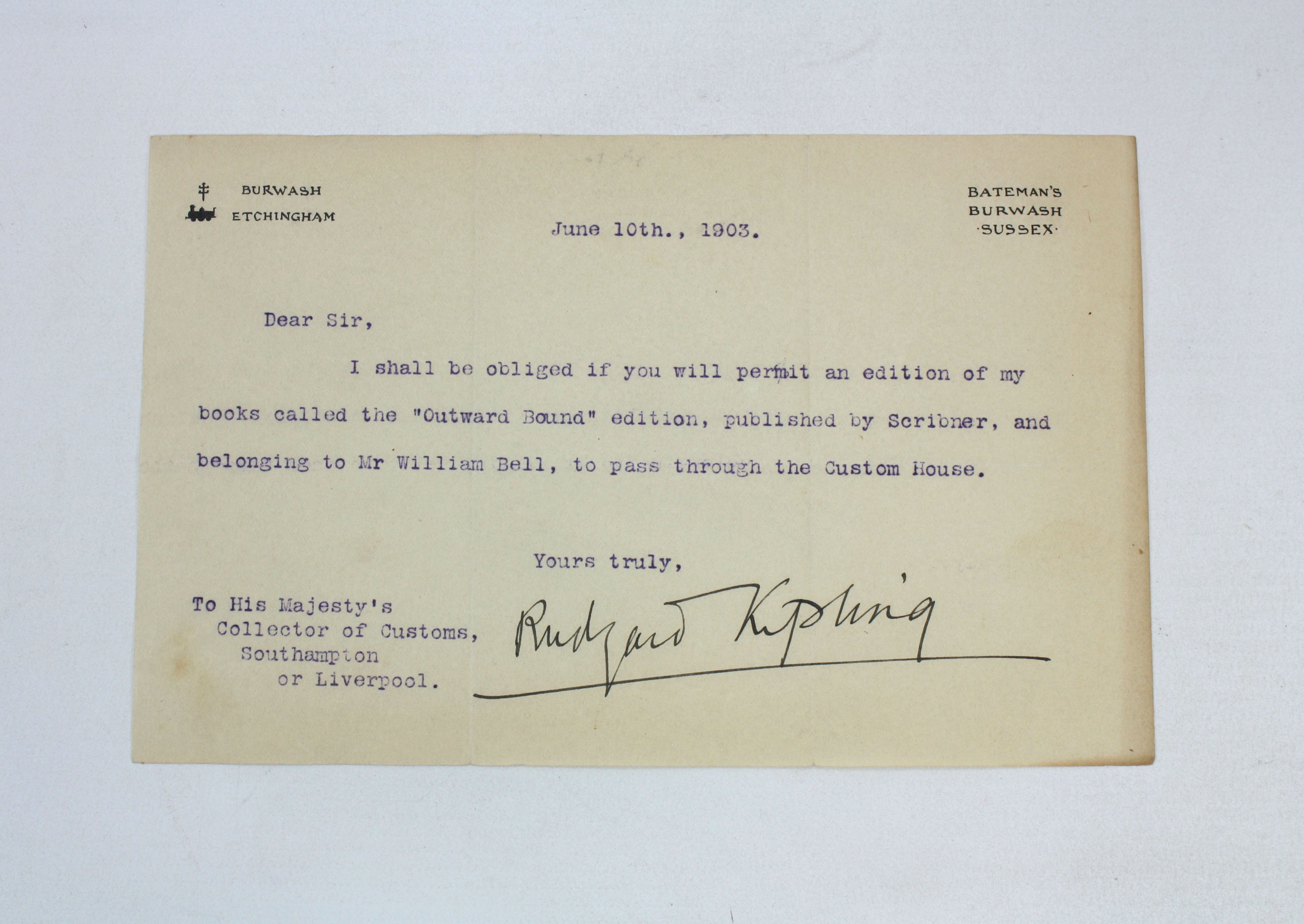 Original Typed Letter Signed by Rudyard Kipling, from Bateman's, Burwa ...