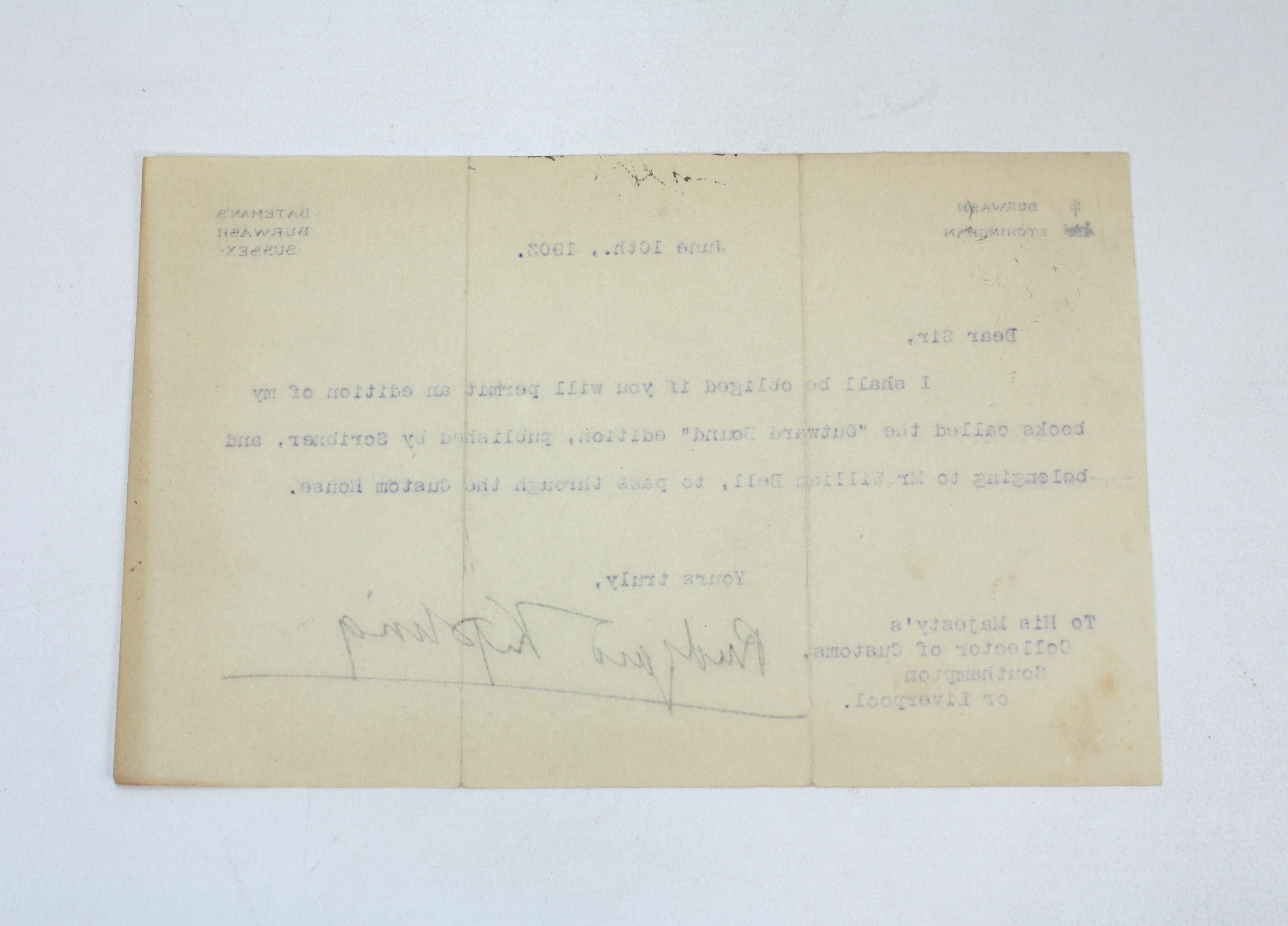 Original Typed Letter Signed by Rudyard Kipling, from Bateman's, Burwa ...