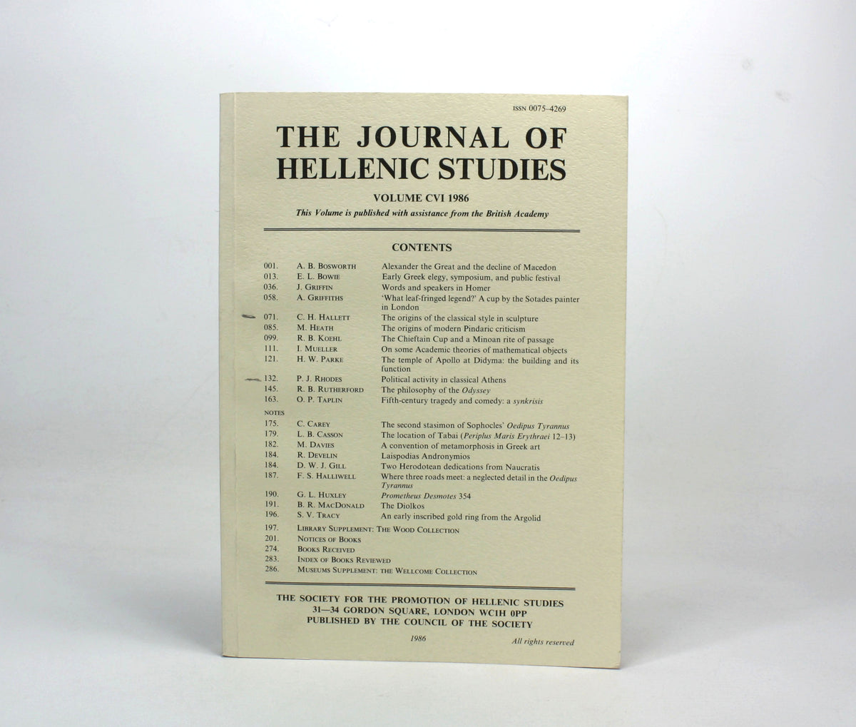 The Journal of Hellenic Studies, Volume CVI, 1986. — Lanna Antique