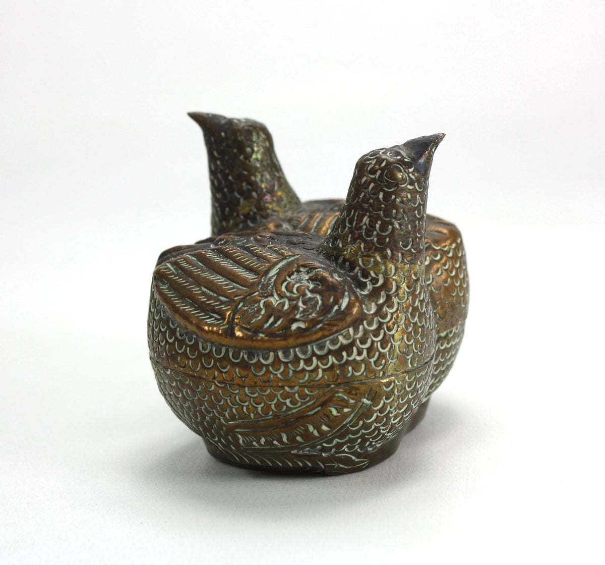 Vintage Cambodian Silver and Copper Betel Box, Pair of Hens design, 7c ...