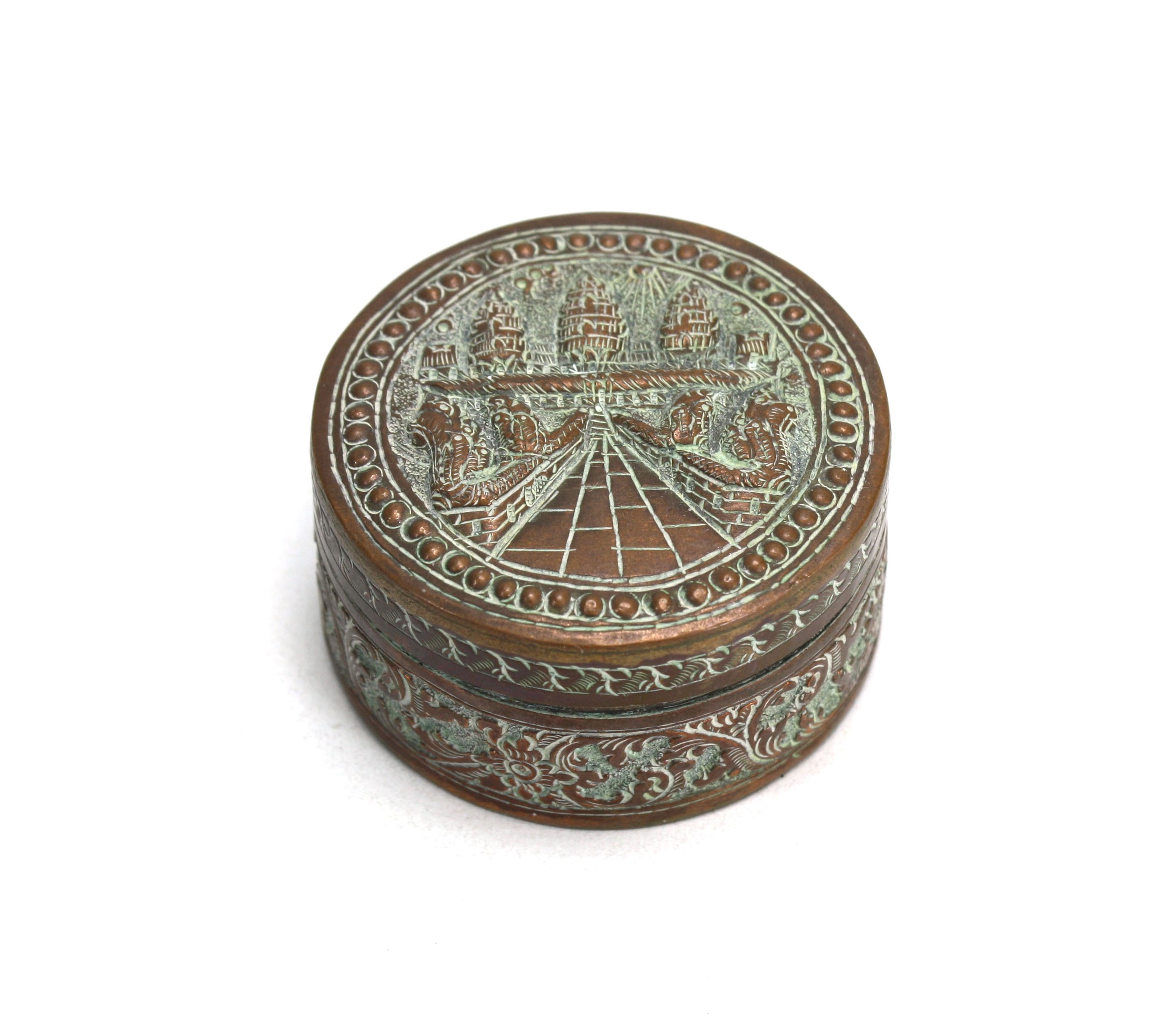 Vintage Cambodian Silver and Copper round Betel Box, Angkor Wat design ...