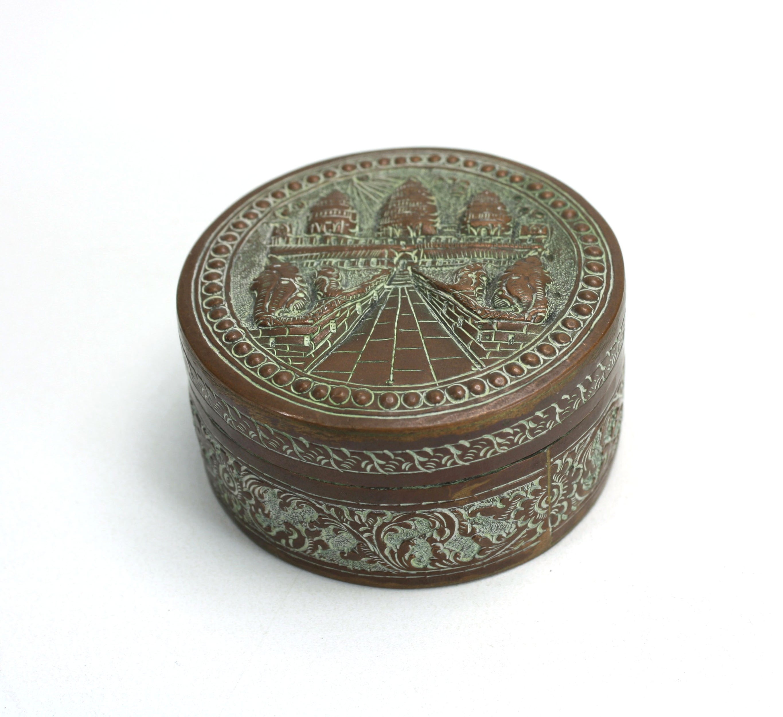 Vintage Cambodian Silver and Copper round Betel Box, Angkor Wat design ...